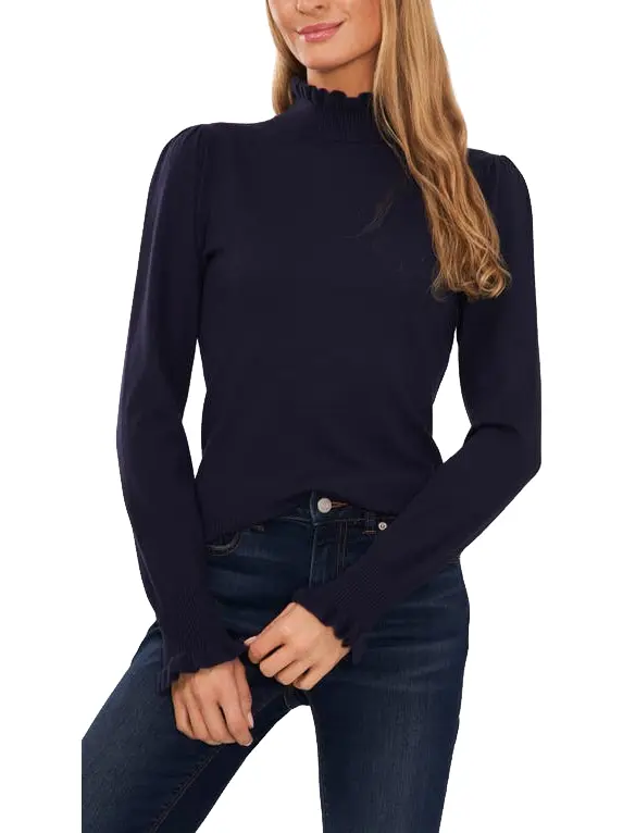 CECE DUPRAZ Ruffle Mock Neck Long Sleeve Pullover Sweater - Classic Navy