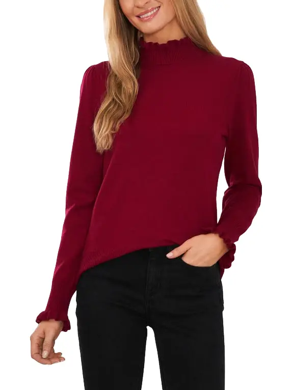 CECE DUPRAZ Ruffle Mock Neck Long Sleeve Pullover Sweater - Deep Merlot