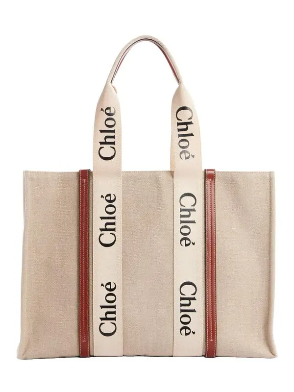 Chloé Medium Woody Linen Tote - White - Brown 1