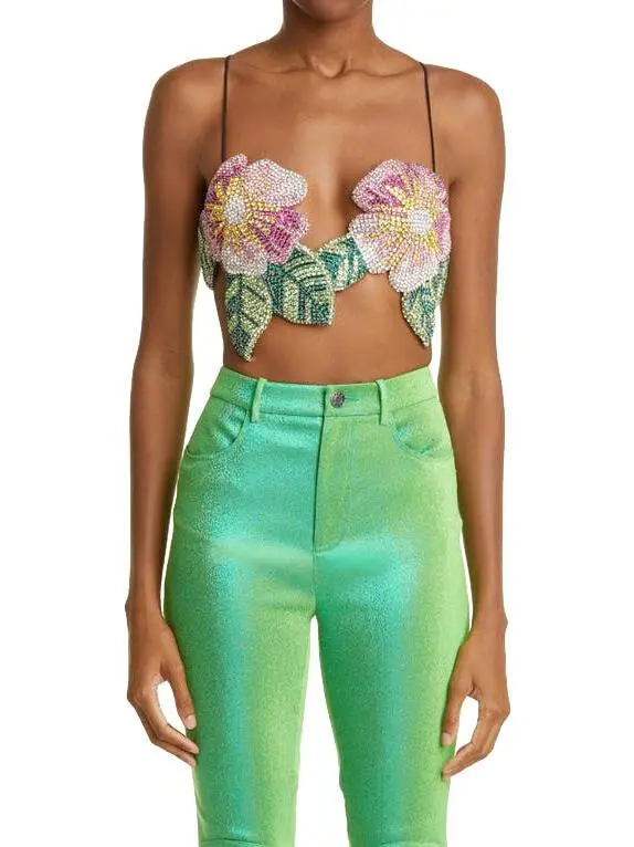 AREA Embroidered Crystal Flower Crop Top - Multi