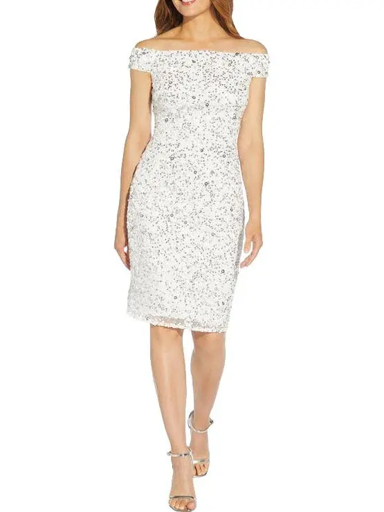 Adrianna Papell Beaded Off-the-shoulder Cocktail Dress - Ivory
