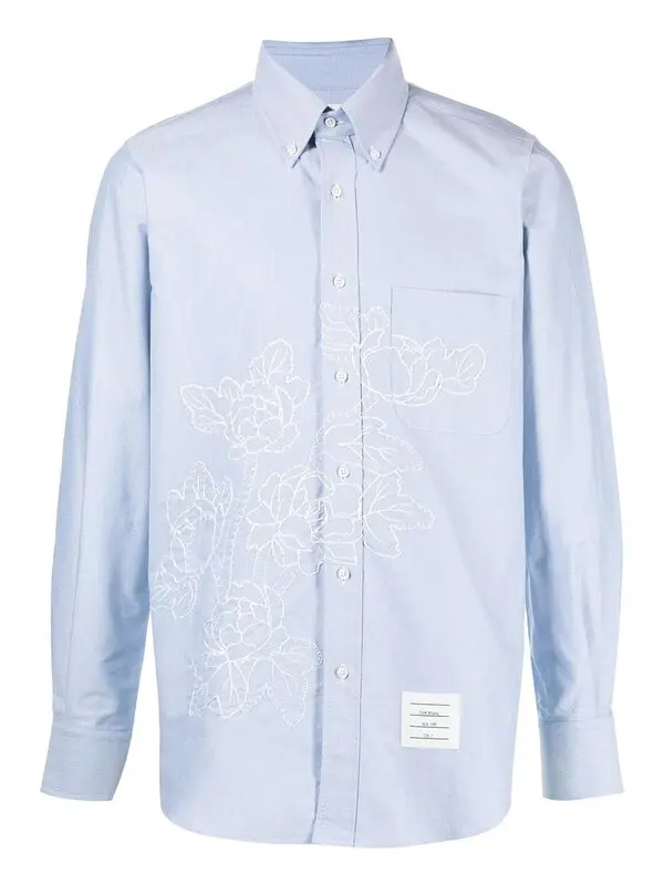 Thom Browne Floral-embroidered Long-sleeve Shirt - Blue