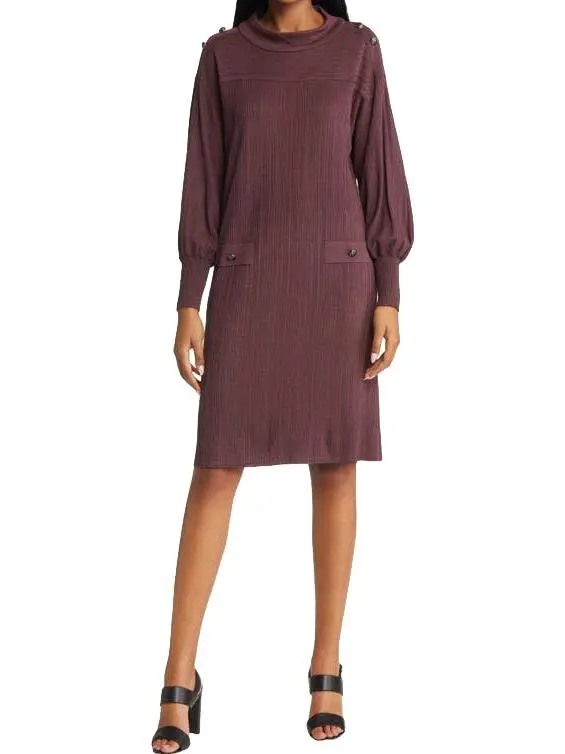 Ming Wang Ribbed Balloon Sleeve Knit Dress - Auburn Brown