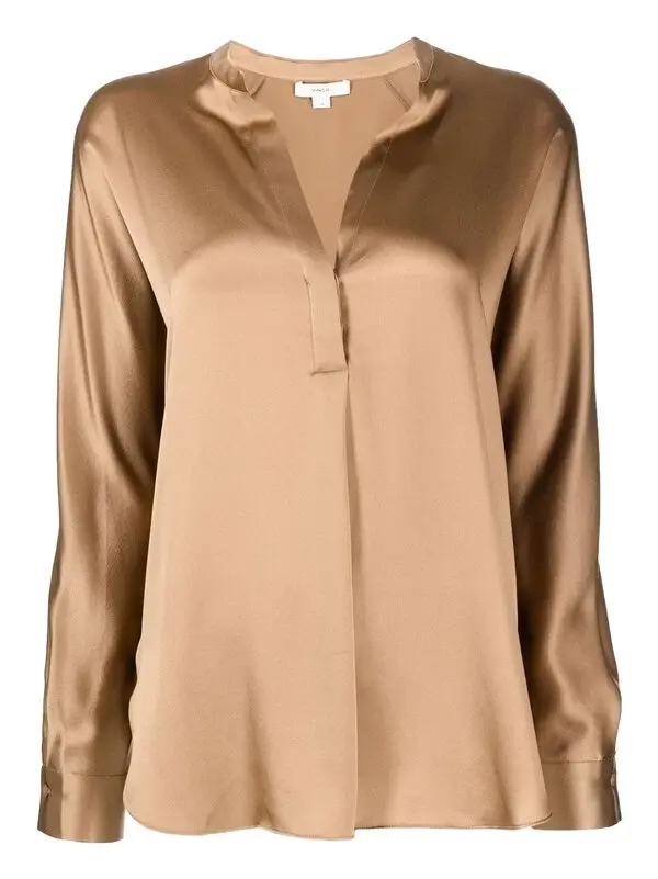 Vince Split-neck Silk Blouse - Brown