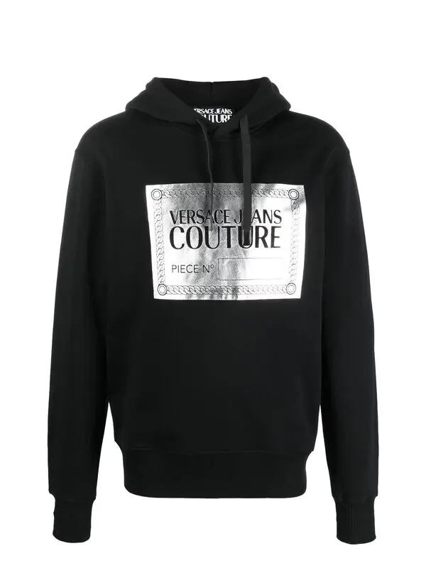 Versace Metallic Logo Print Cotton Hoodie - Black