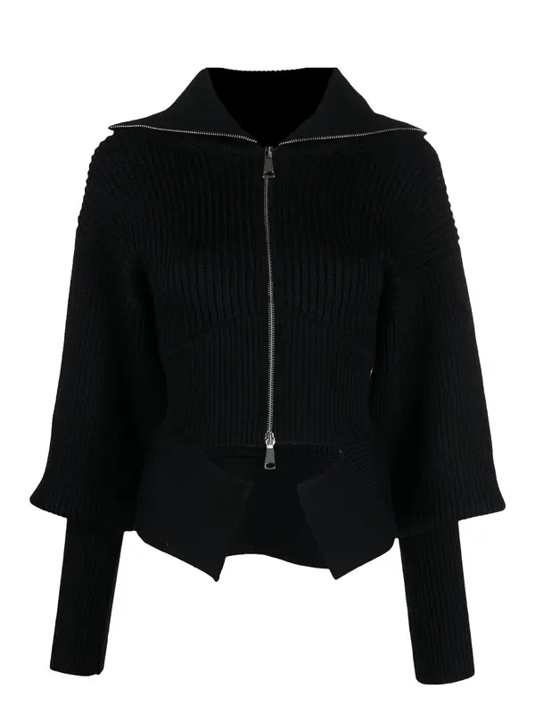 ANDREĀDAMO Ribbed-knit Zip-up Cardigan - Black