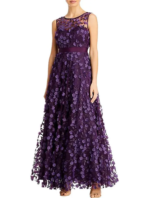 Eliza J Floral Applique Gown - Plum