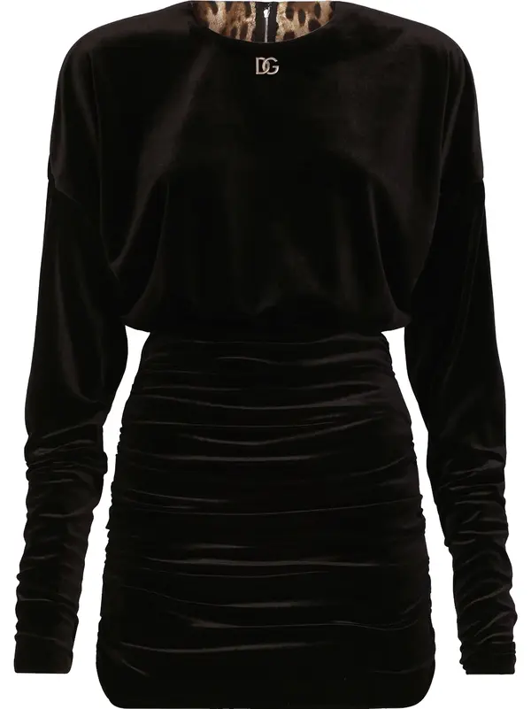 Dolce & Gabbana Dg-logo Draped Velvet Minidress - Black