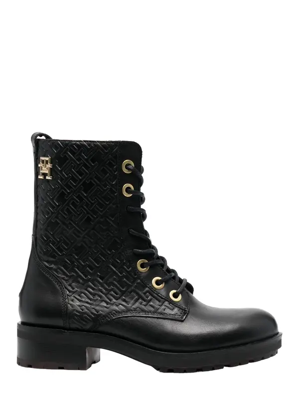 Tommy Hilfiger Monogram-embossed Leather Biker Boots - Black