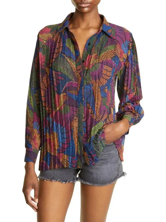 Farm Rio Pleated Button-up Shirt - Dotted Macaws