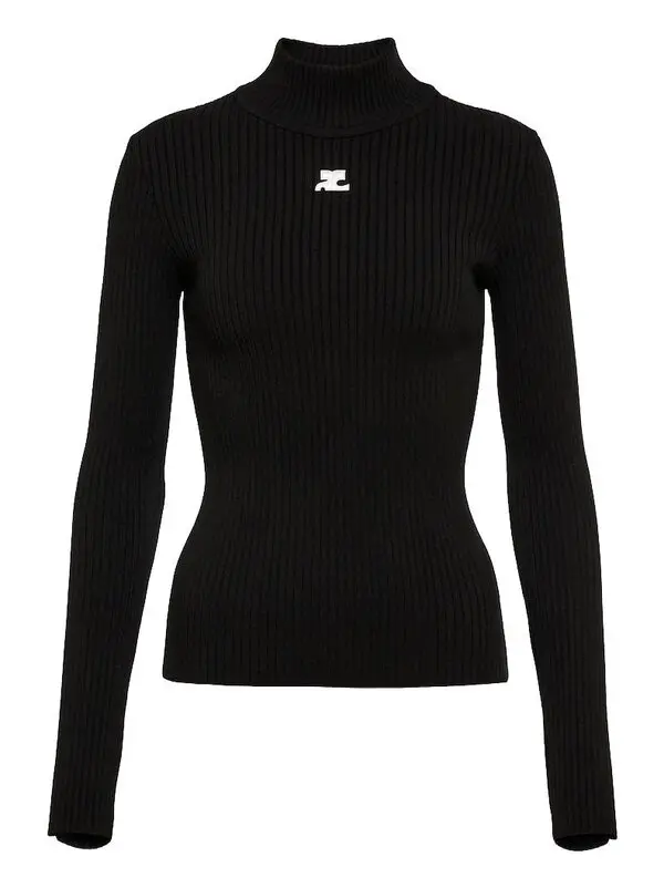 COURREGES Courrèges Logo Ribbed-knit Turtleneck Sweater - Black
