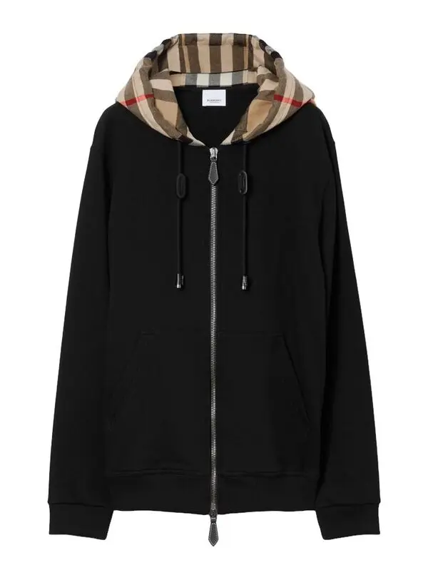 Burberry Check Hood Cotton Zip Hoodie - Black/archive Beige