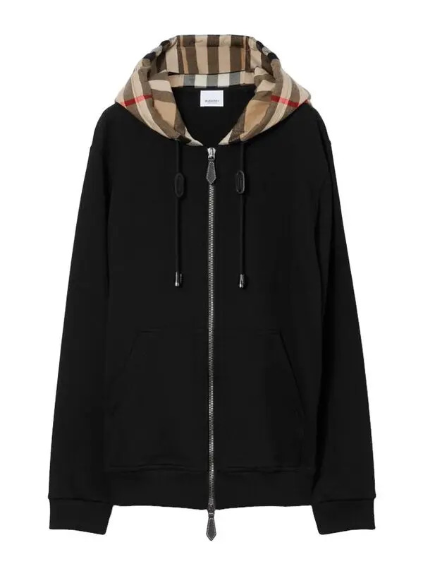 Burberry Check Hood Cotton Zip Hoodie - Black/archive Beige