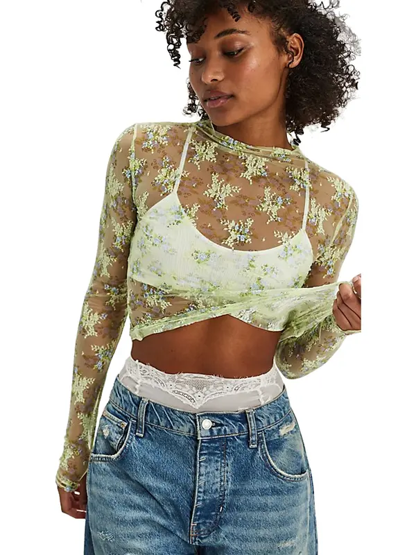 Free People Lady Lux Printed Layering Top - Quiet Fern