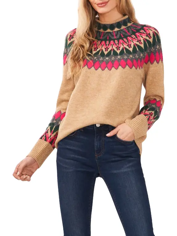 CECE DUPRAZ Fair Isle Funnel Neck Sweater - Latte Heather