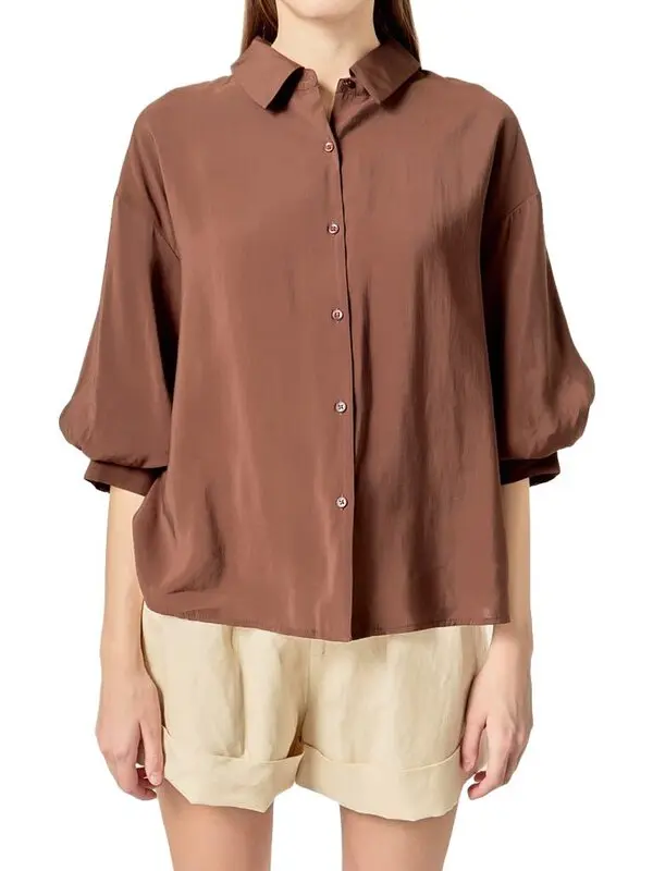 English Factory Balloon Sleeve Button-up Shirt - Chocolate Brown