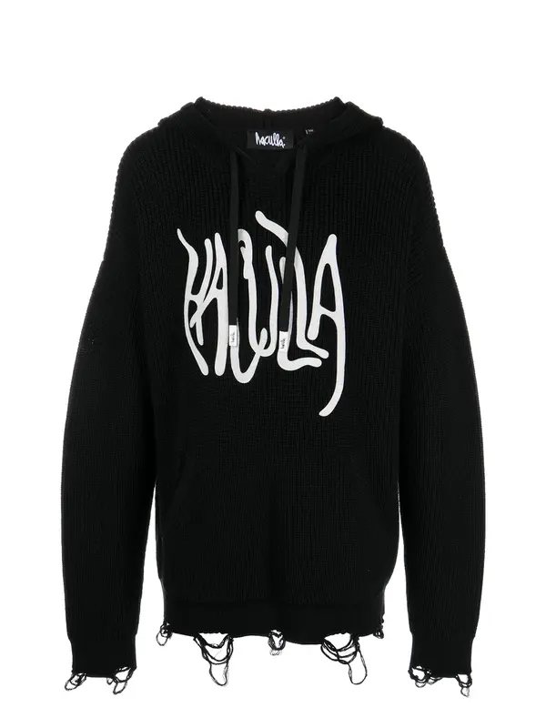 HACULLA. Logo-print Distressed Knitted Hoodie - Blue