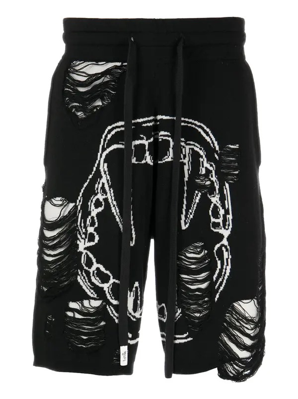 HACULLA. Intarsia-knit Distressed Track Shorts - Black