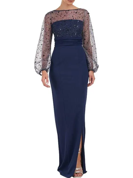 Js Collections Logan Beaded Illusion Lace Long Sleeve Column Gown - Navy