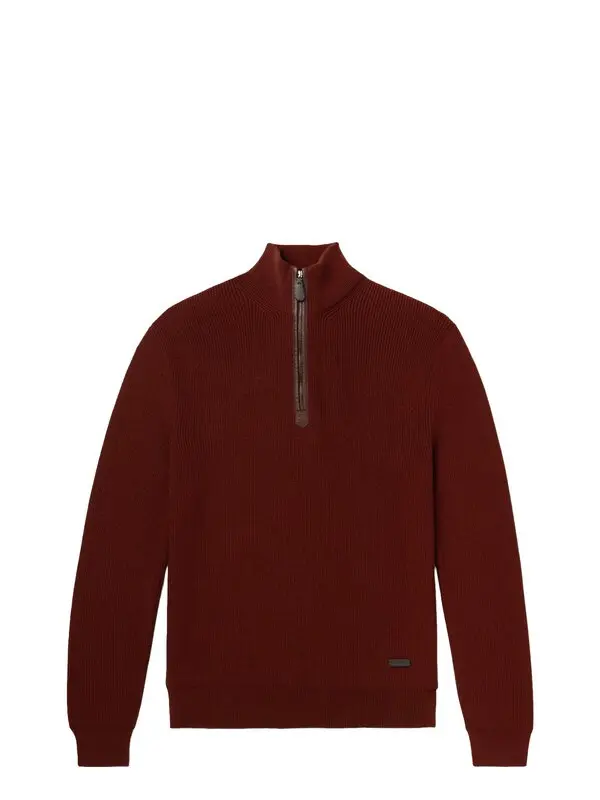 Loro Piana Leather-trimmed Ribbed Wool Half-zip Sweatshirt - Burgundy