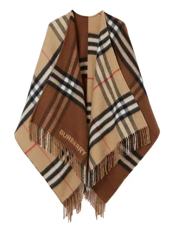 Burberry Contrast Check Wool Cashmere Cape - Archive Beige/dark Birch Brown