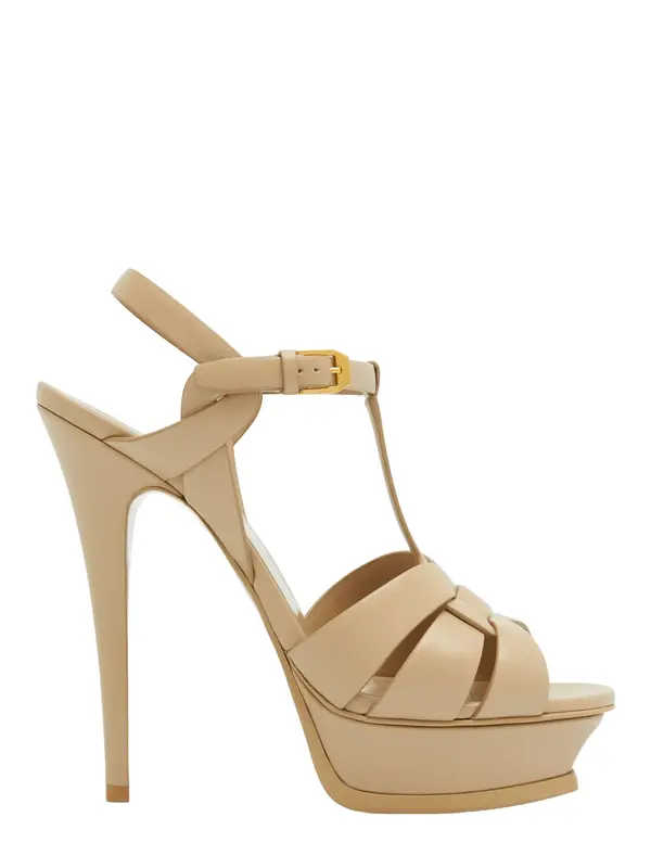 Saint Laurent Tribute Leather Platform Sandals - Dark Beige