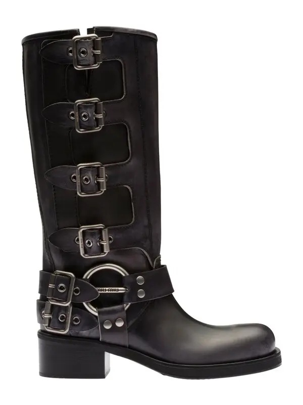 Miu Miu Buckled Leather Mid-calf Boots - Black