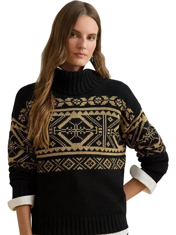 Ralph Lauren Fair Isle Wool-blend Turtleneck Sweater - Black/relic Gold Metallic