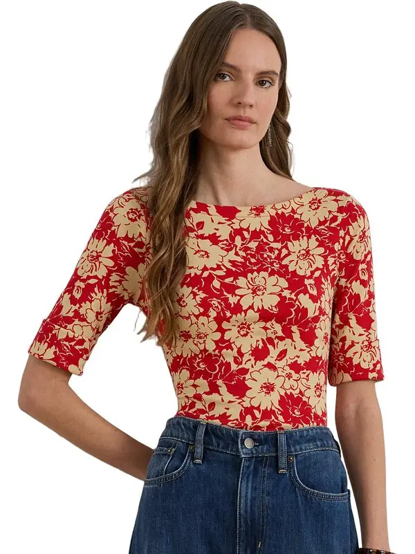 Ralph Lauren Floral Stretch Cotton Boatneck Tee - Red/tan