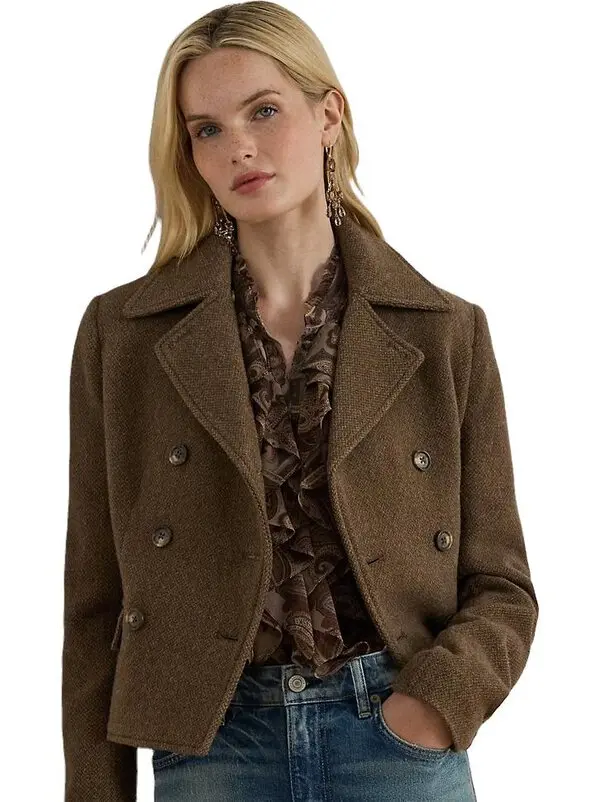 Ralph Lauren Double-breasted Herringbone Coat - Taupe Brown Heather
