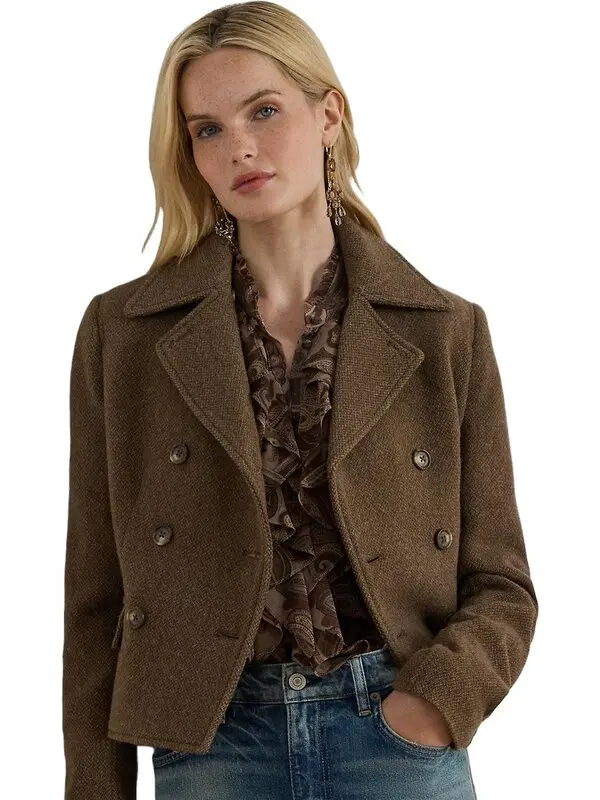 Ralph Lauren Double-breasted Herringbone Coat - Taupe Brown Heather