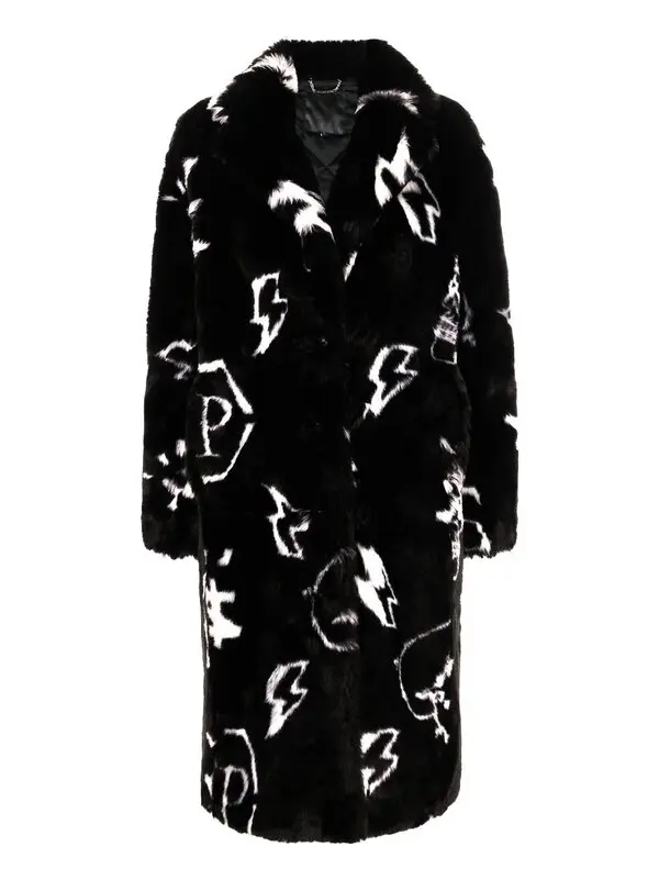 Philipp Plein Monogram Faux Fur Coat - Black