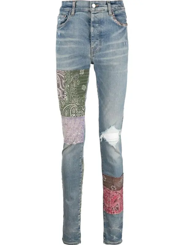 Amiri Distressed Patchwork Skinny Jeans - Blue