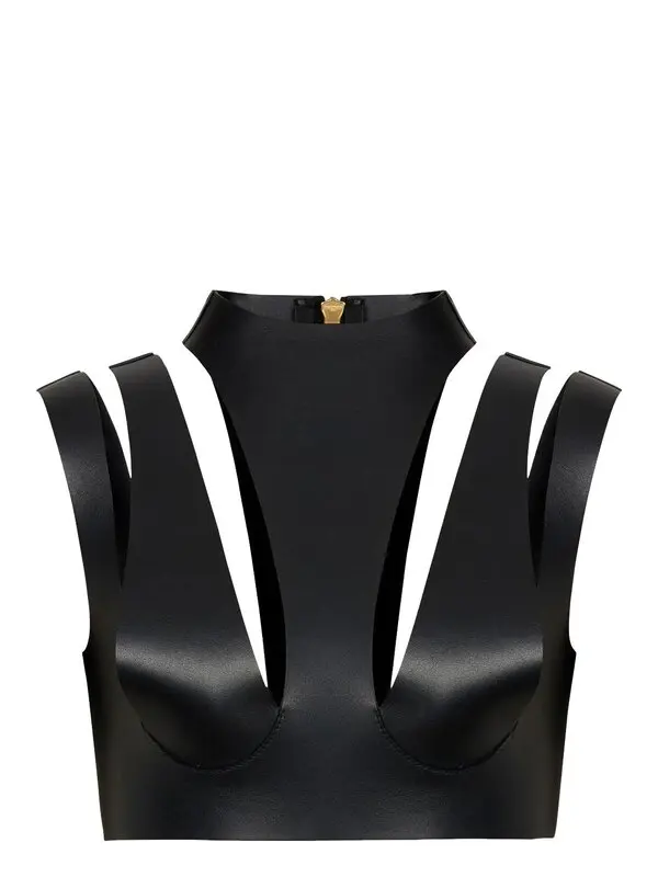 Balmain Cut-out Leather Crop Top - Black