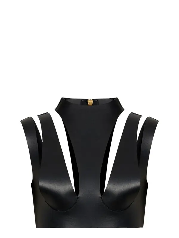 Balmain Cut-out Leather Crop Top - Black