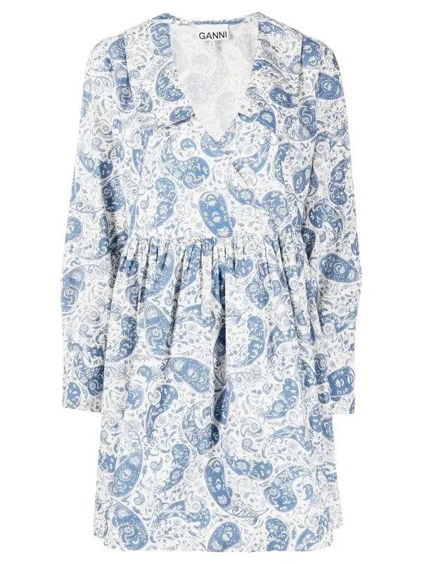 GANNI Paisley-print Cotton Wrap Dress - Blue
