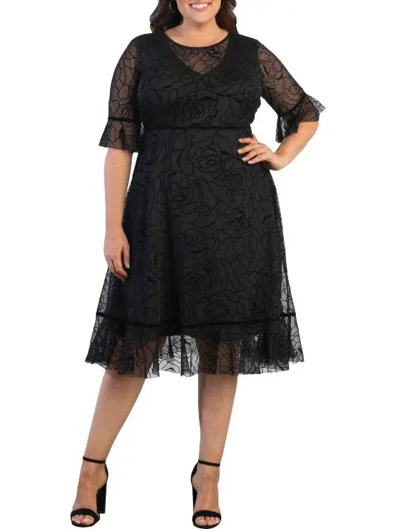 KIYONNA Francesca Mesh Cocktail Dress - Midnight Rose Garden