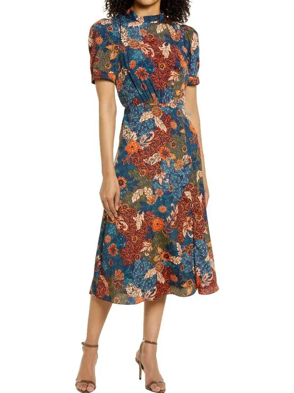 Julia Jordan Floral Puff Sleeve A-line Midi Dress - Navy Multi