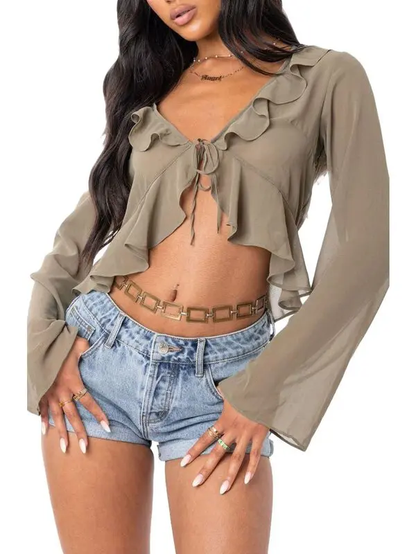 EDIKTED Ruffle Chiffon Top - Olive