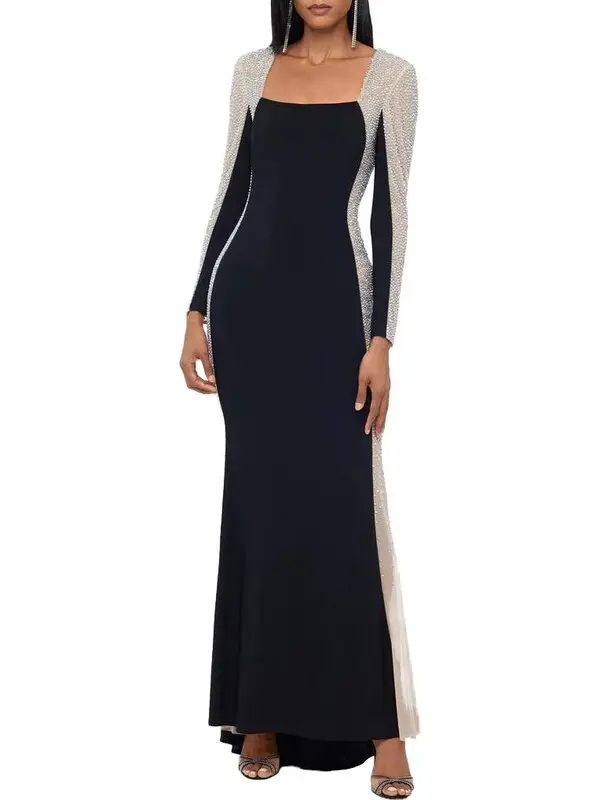 XSCAPE EVENINGS Crystal Contrast Long Sleeve Gown - Black Nude Silver