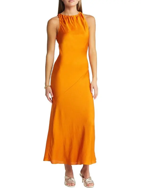 OPEN EDIT Halter Neck Satin Midi Dress - Orange Jam
