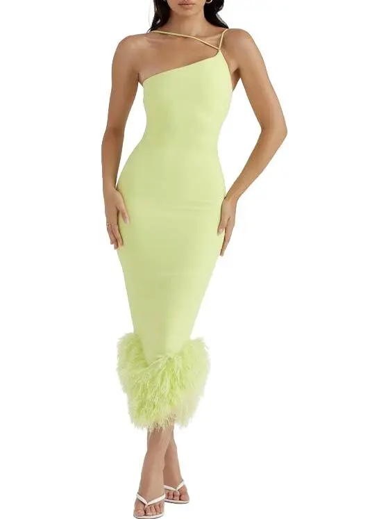 House Of Cb Alessia Feather Trim Dress - Lime