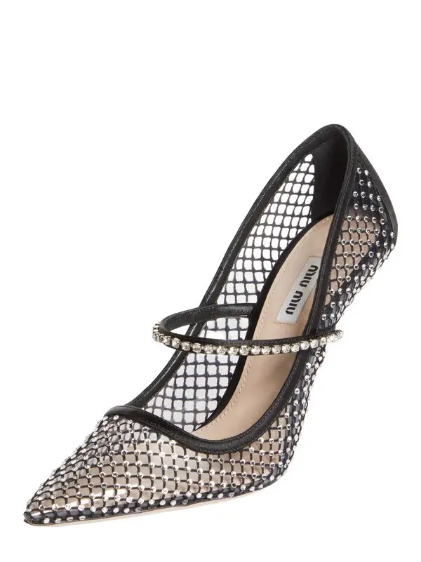 Miu Miu Crystal Embellished Fishnet Pointed Toe Pumps - Nero