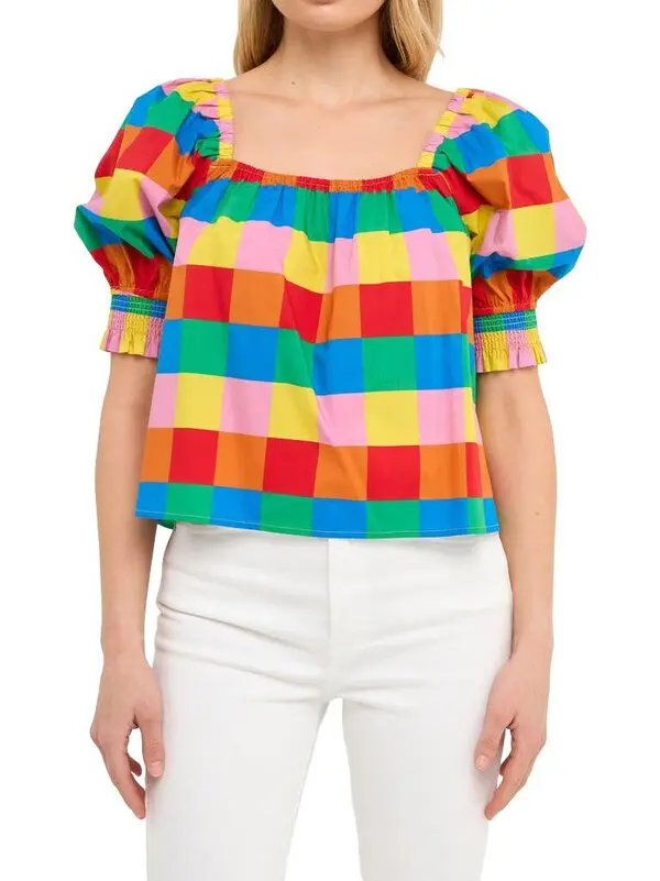 English Factory Rainbow Check Cotton Top - Multi