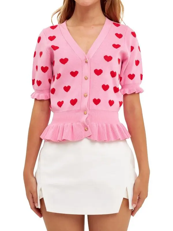 English Factory Puff Sleeve Heart Cardigan - Pink/red