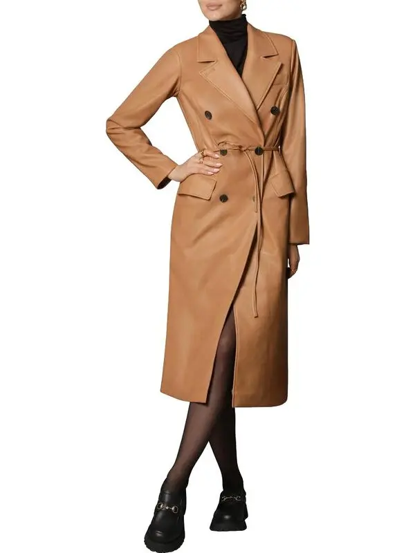Avec Les Filles Faux Leather Trench Coat - Camel
