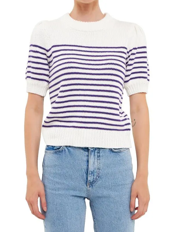English Factory Stripe Puff Sleeve Sweater - White/purple
