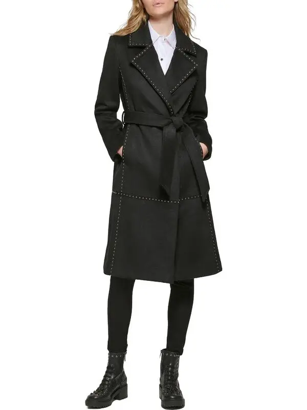 Karl Lagerfeld Paris Studded Wool Blend Wrap Coat - Black