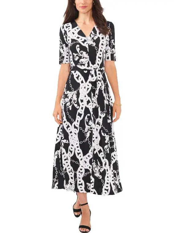 Chaus V-neck Tie-front Midi Dress - Black/white