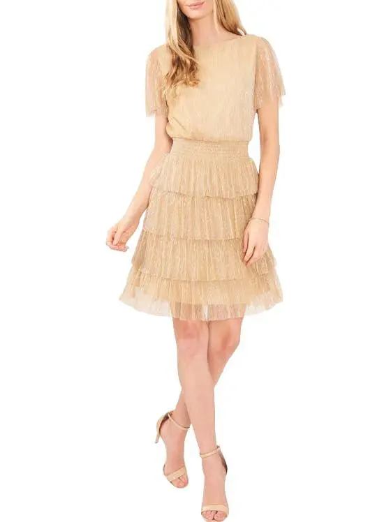 Chaus Metallic Crinkle Tiered Dress - Gold